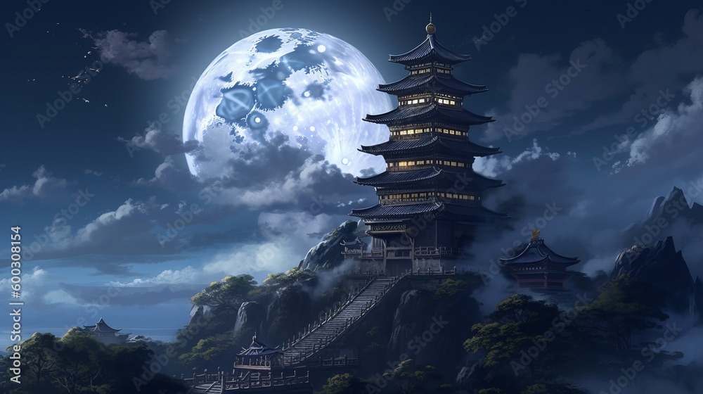 pagoda in the sky with moon and moon lights, in the style of realistic ...
