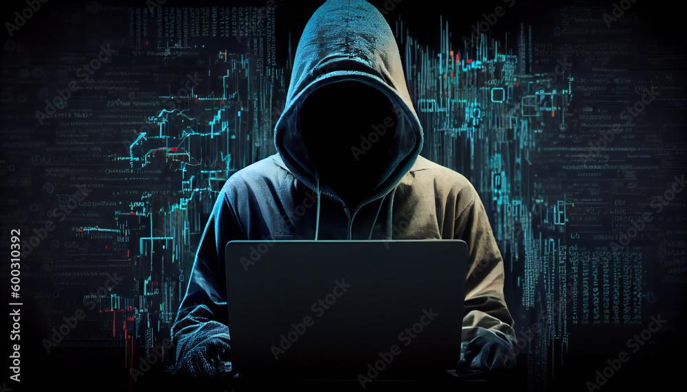 Haker at desktop using laptop with creative glowing map hologram on ...