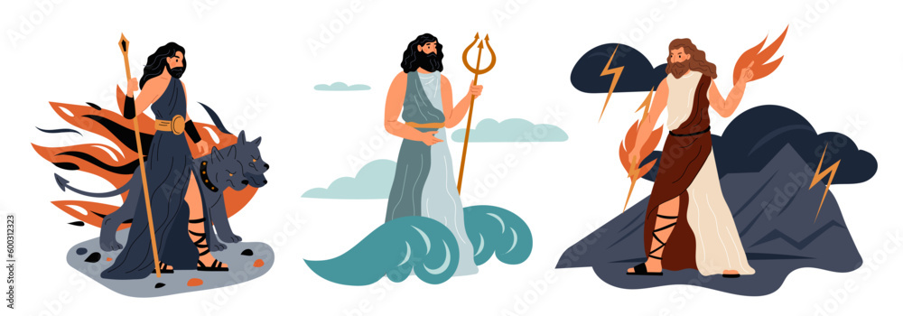 Main Greek gods. Cartoon Olympus characters. Hades king of underworld ...
