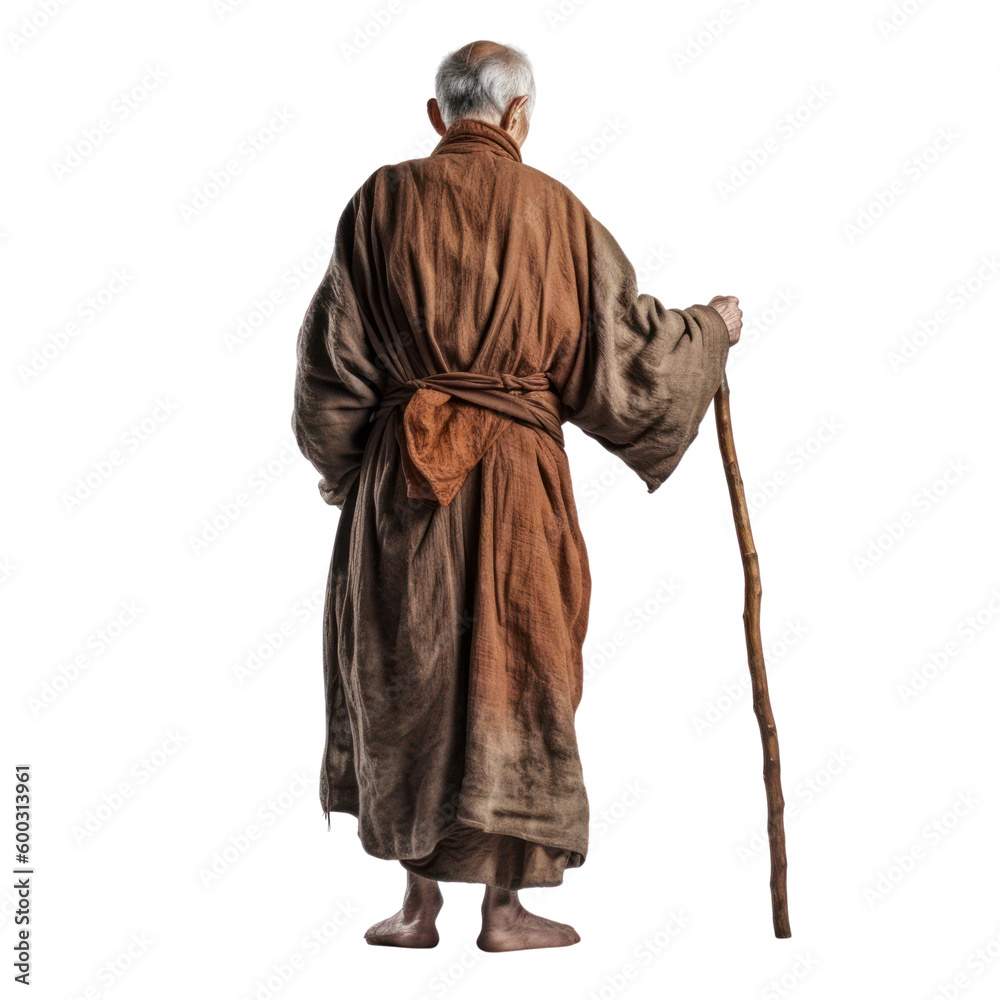 Monk with a walking stick rear view isolated on transparent background ...