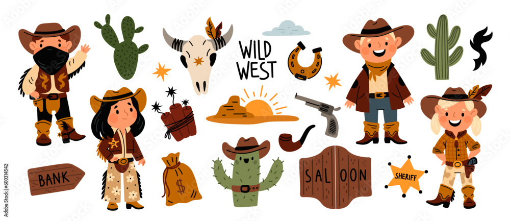 Cartoon cowboys. Cute male and female Wild West characters. Sheriff ...
