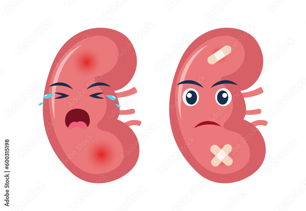 Sick kidney with pain ache or disease. Sad cartoon character kidney ...