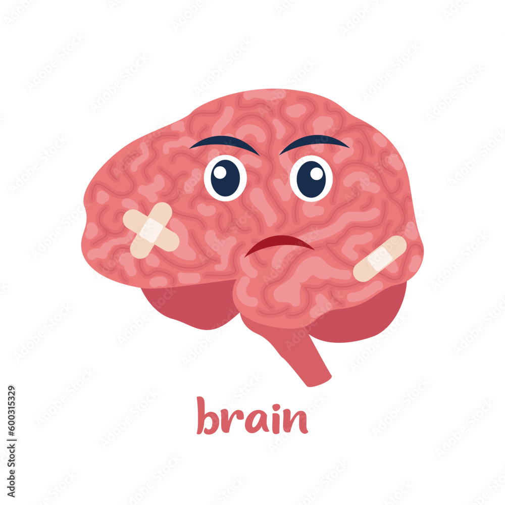 Sick brain with pain ache or disease. Sad cartoon character brain, body ...