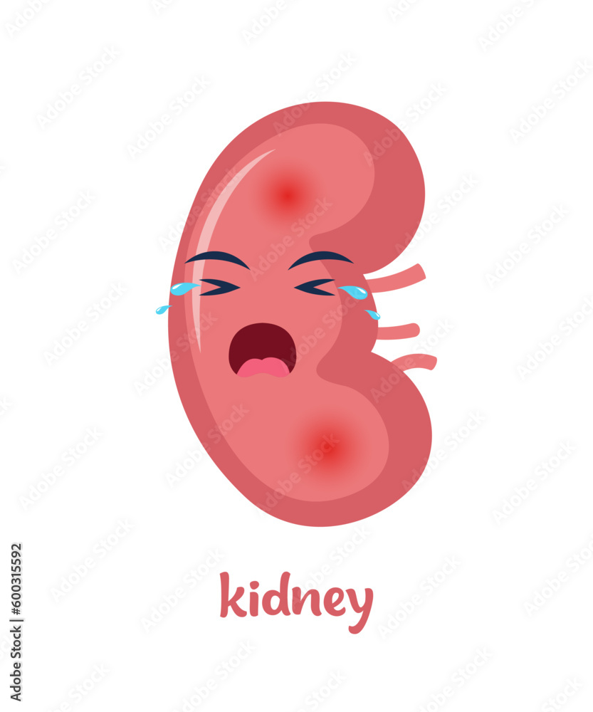 Sick kidney with pain ache or disease. Sad cartoon character kidney ...