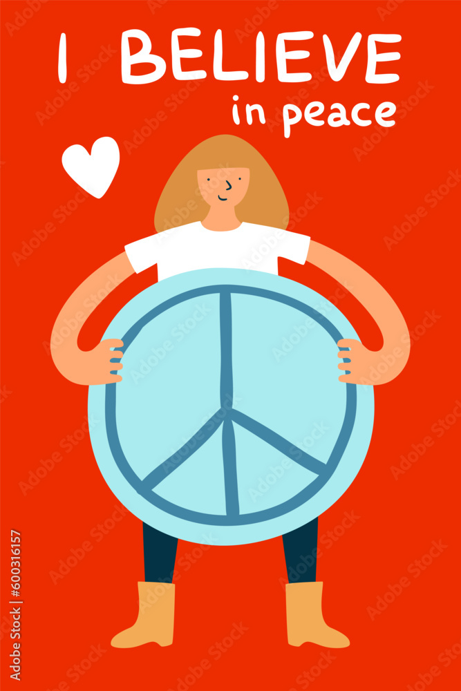 Peace card. Woman believing in peacefulness. Hippie symbol ...