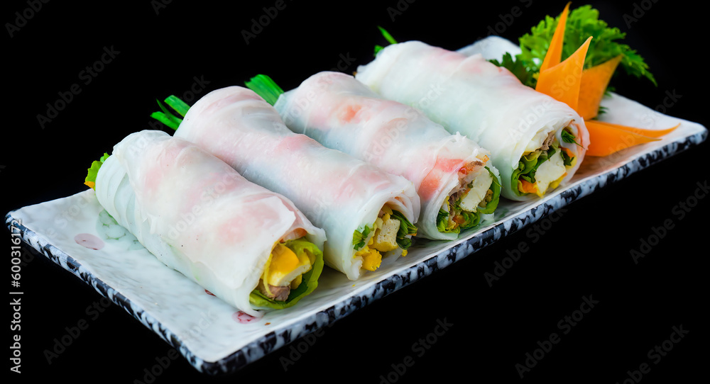 Vietnamese Pho spring roll with seafood, tofu, vegetables isolated on ...