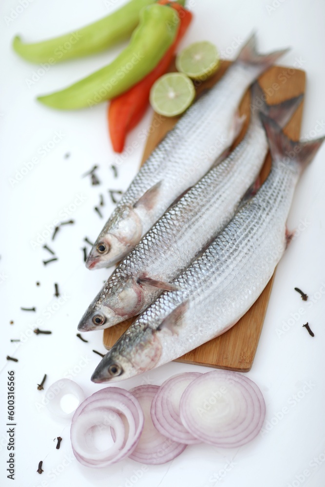 Three fish, on a white table, Buri, fish, healthy food, very useful ...