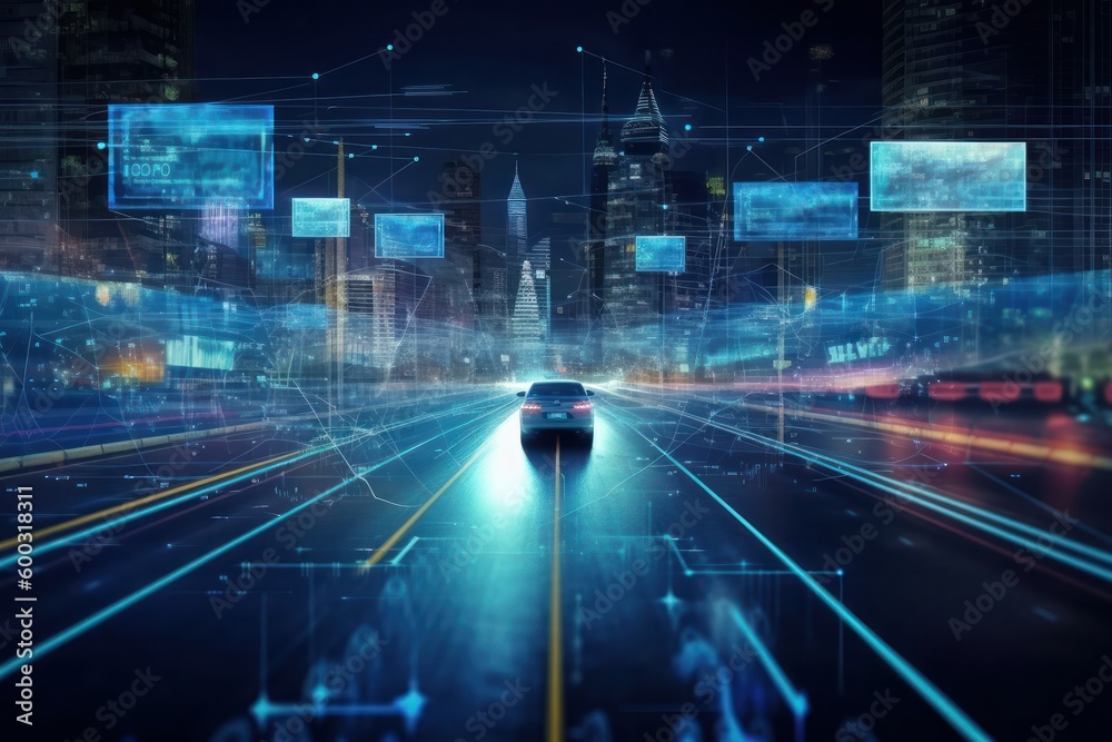 Futuristic road transportation technology with digital data transfer ...
