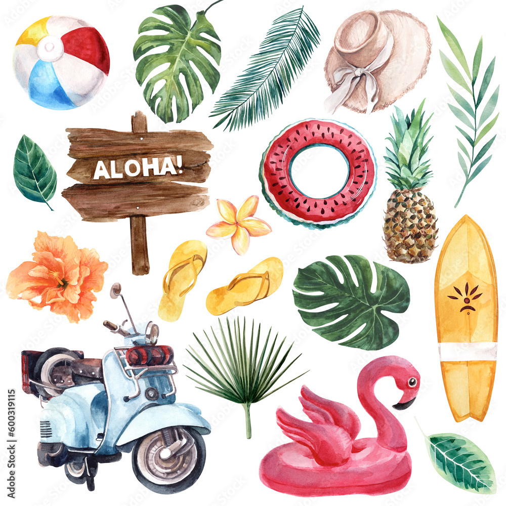 Summer vacation illustration set. Watercolor drawing. isolated object ...