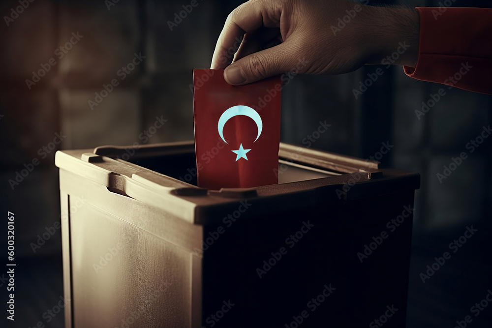 Turkish general elections 2023 concept. Close up of man inserting an ...