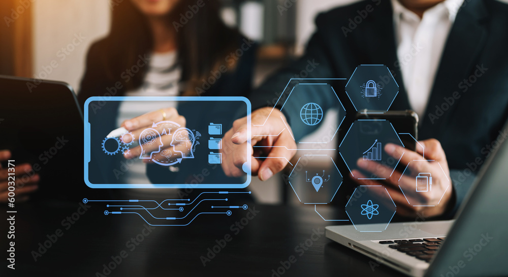 Man and woman using chat bot in smartphone intelligence Ai. Chat with ...