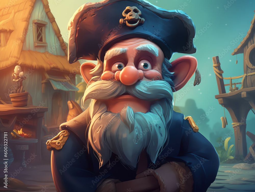 3D cartoon character, long bearded pirate, wearing sailor hat ...