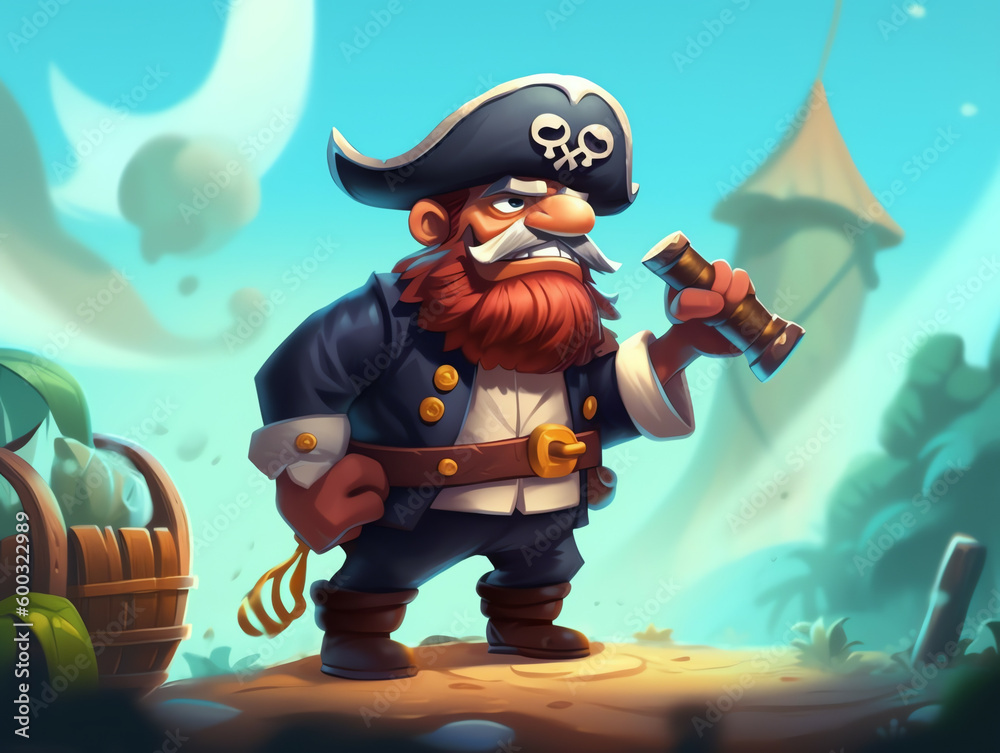 3D cartoon character, long bearded pirate, wearing sailor hat ...