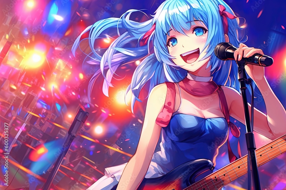 Cheerful idol anime girl, with bright blue hair and a microphone in her ...