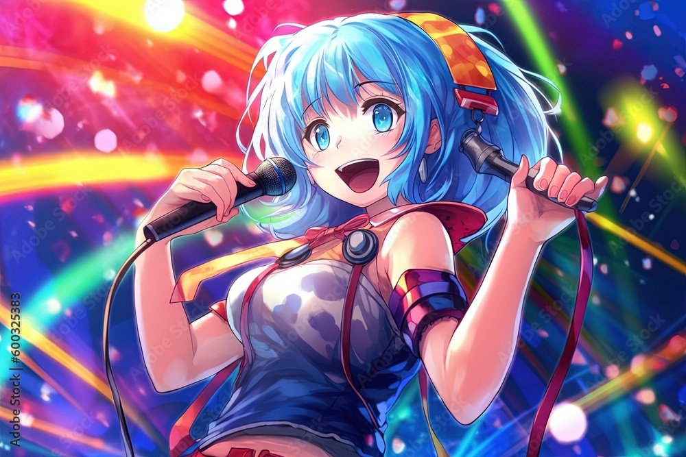 Cheerful idol anime girl, with bright blue hair and a microphone in her ...