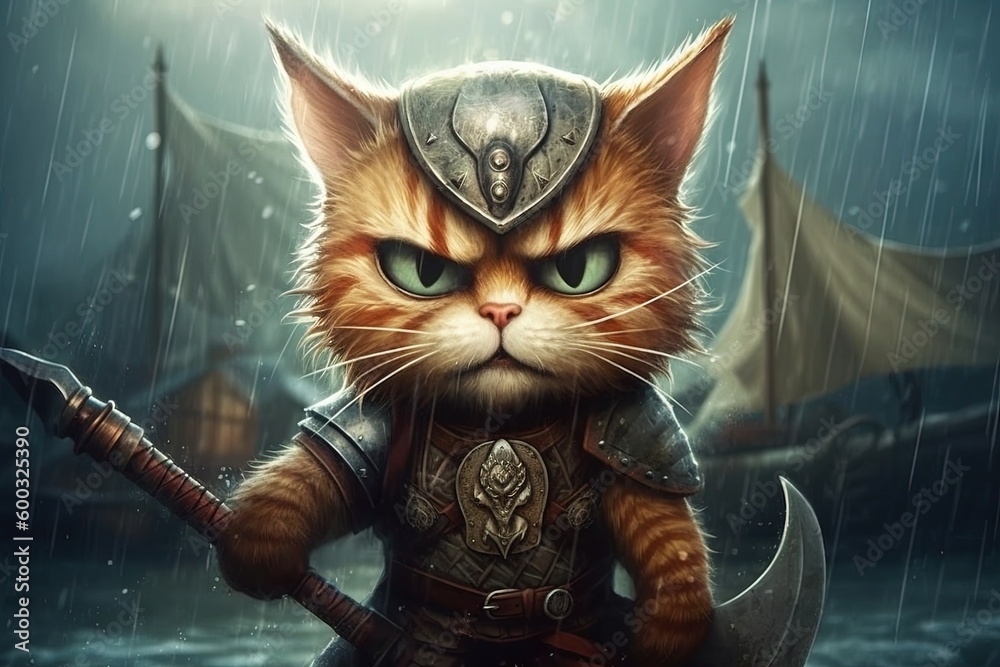 Cat fierce Viking warrior, wearing a horned helmet and wielding a ...