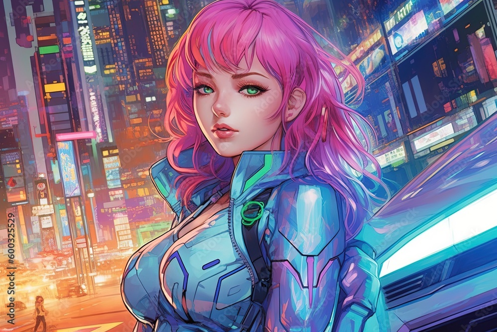 Futuristic sci - fi Anime girl, with neon - colored hair and a sleek ...