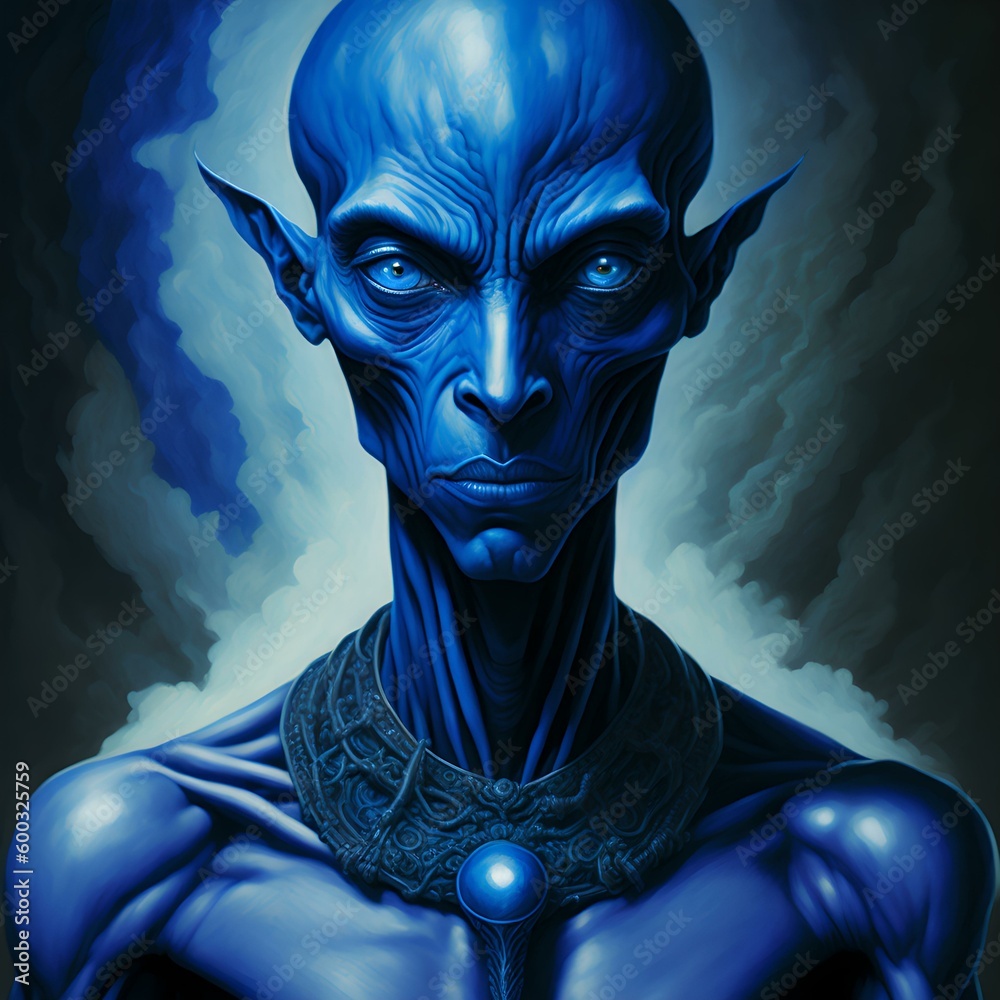 Arcturian interdimensional alien being with blue skin and a big brain with spiritual powers ...
