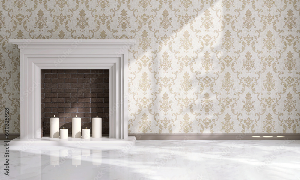 White mantel fireplace, candle on hearth, brown brick back in sunlight ...
