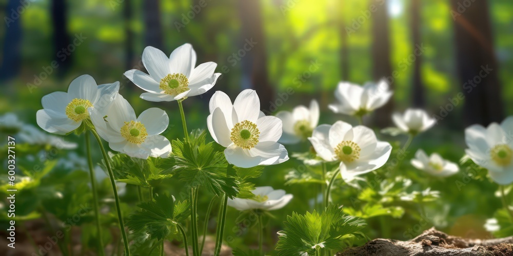 Beautiful white flowers of anemones in spring in a forest close-up in ...
