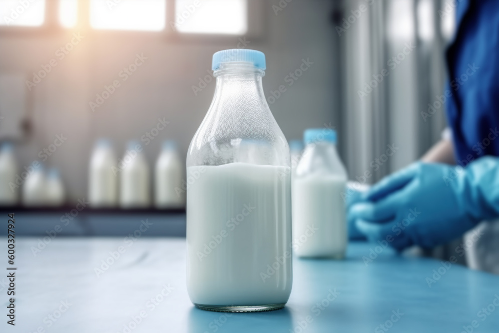 Milk glass bottle in laboratory. Concept for lab grown milk from ...