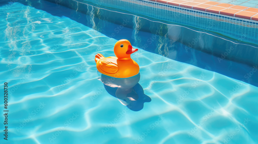 Yellow child's toy rubber ducky toy floating in a large clear blue ...