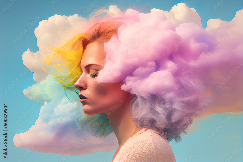 A faceless woman who has a big, thick, white cloud instead of a face ...