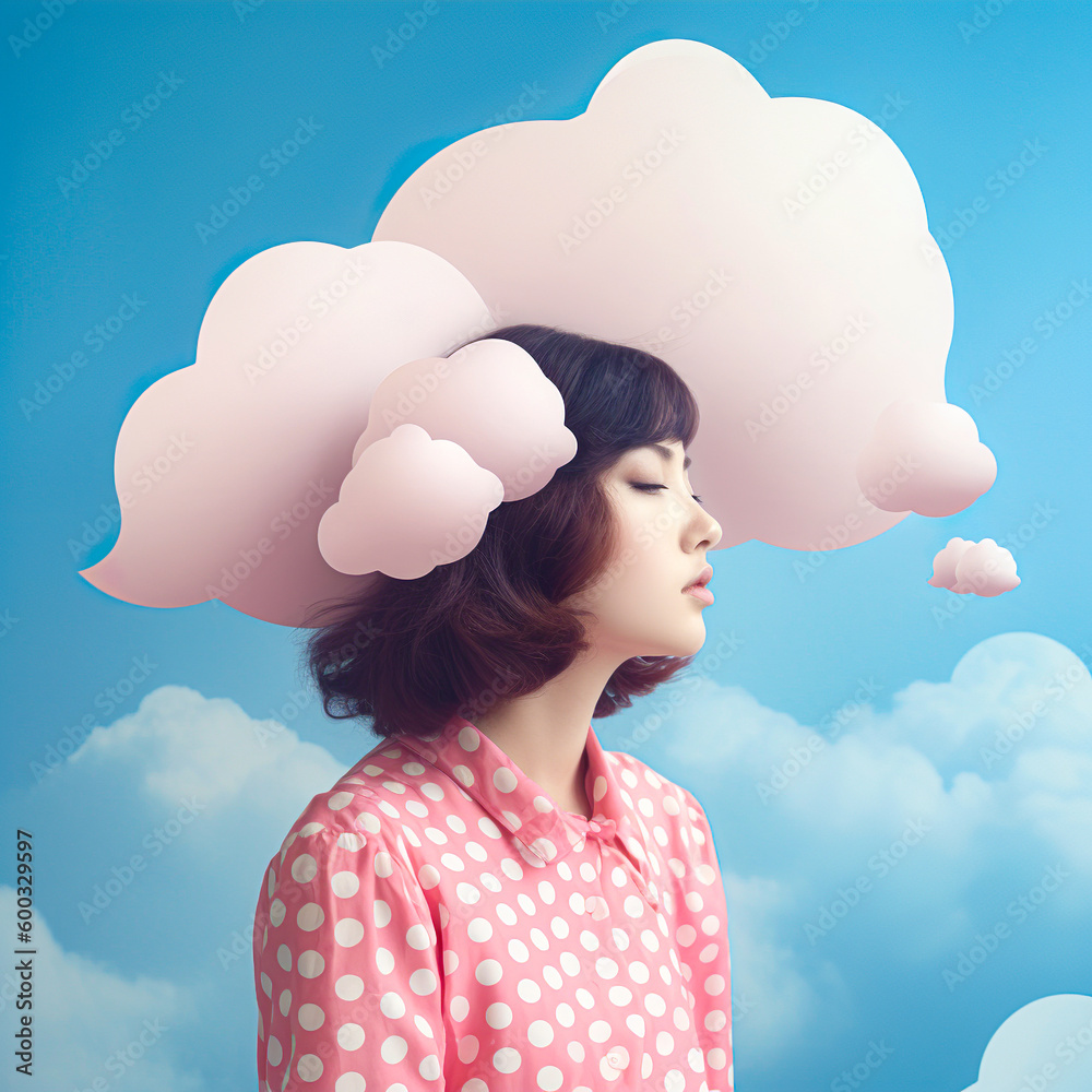 A faceless woman who has a big, thick, white cloud instead of a face ...