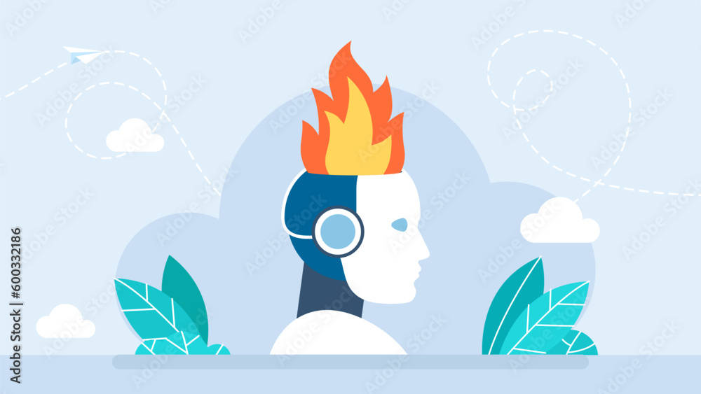 A fire in a robot's head. Artificial brain glitch and exploded. Cyborg ...