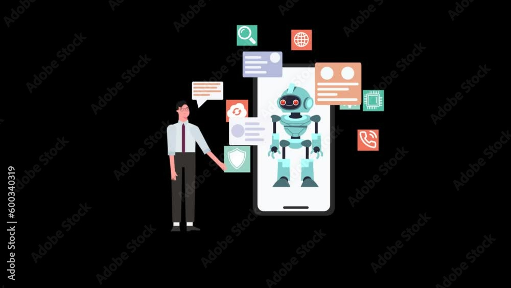 Vidéo Stock Chat bot robot interacting with man on smartphone, robot ...
