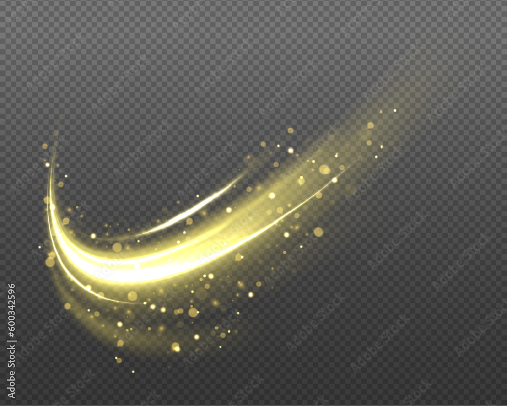 Luminous gold wavy line of light on a transparent background ...