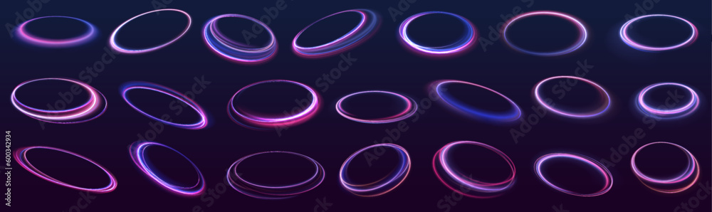 Set of neon blurry light circles at motion . Vector swirl trail effect ...