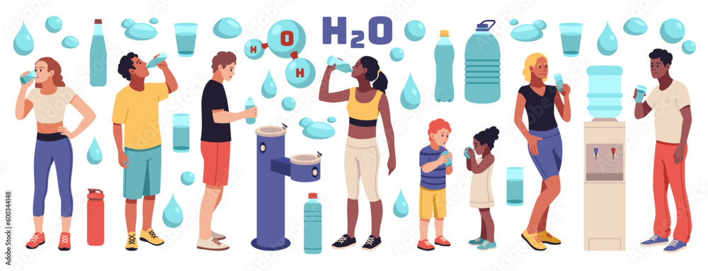 Drinking water. Happy cute people holding bottles and glasses with ...