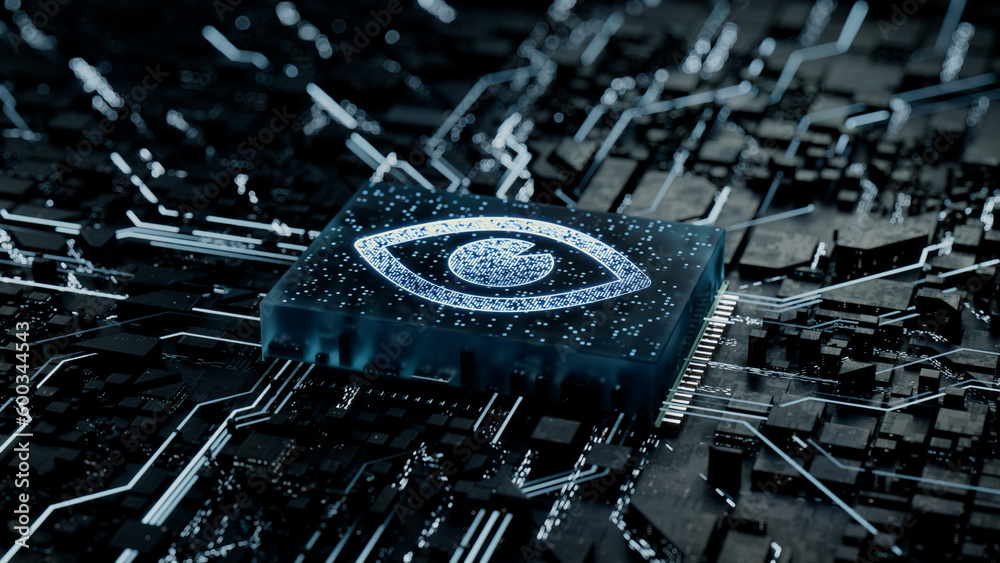 Vision Technology Concept with eye symbol on a Microchip. Data flows ...