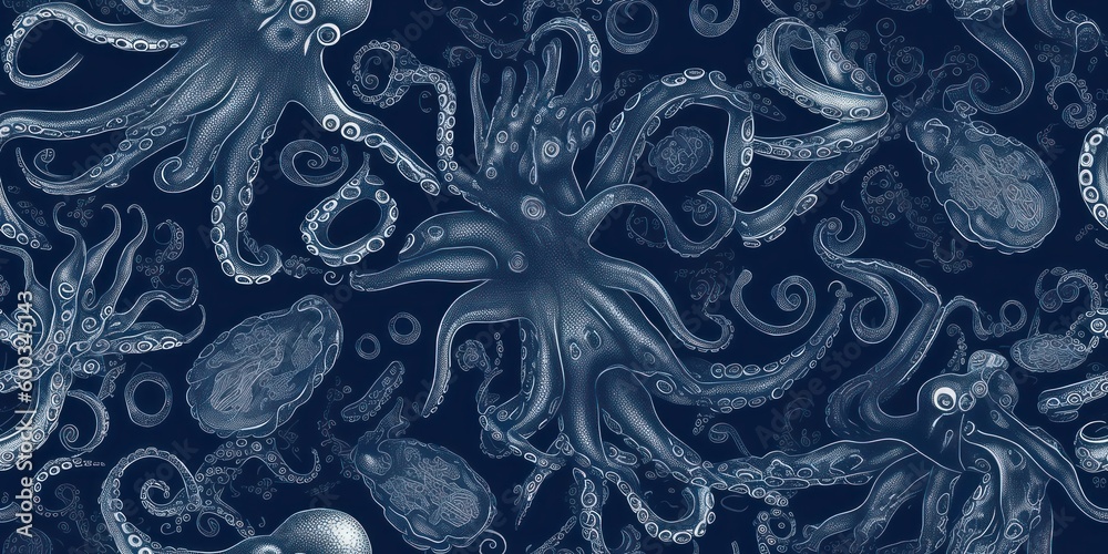 Octopus Squid Sea horse sketchy vector seamless pattern. Underwater ...