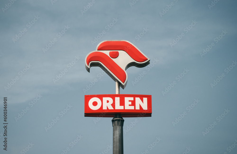 08.04.2023 Poland, Europe. Logo of the Polish oil company "Orlen" on ...