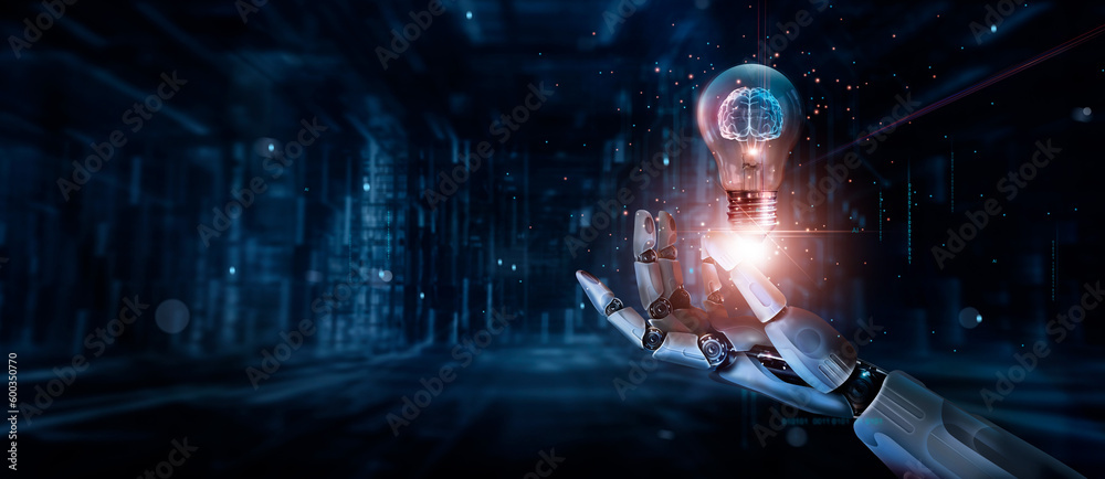 Artificial Intelligence. AI, machine learning, Abstract, Hand of robotic holding Glowing ...