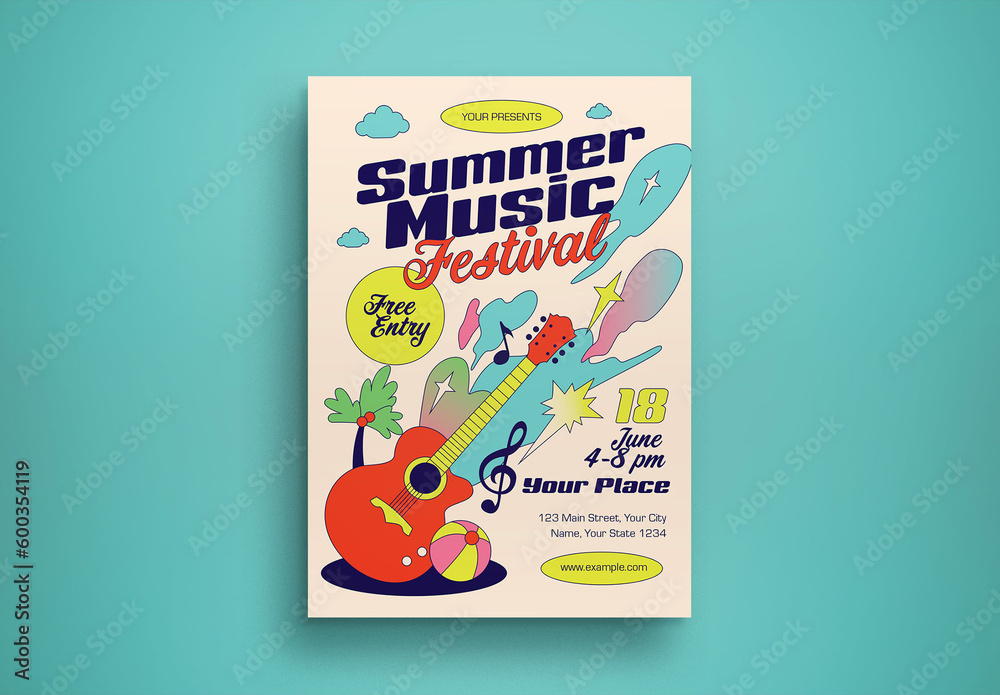 Cream Psychedelic Summer Music Festival Layout Stock Template | Adobe Stock