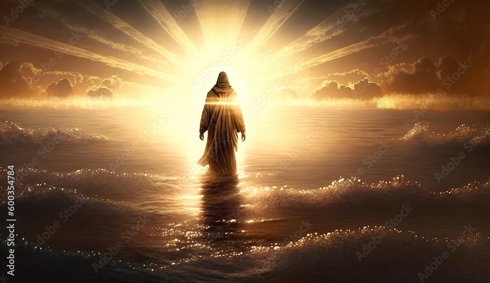 God Jesus Christ walks on water on sea at sunset with sun's holy rays ...
