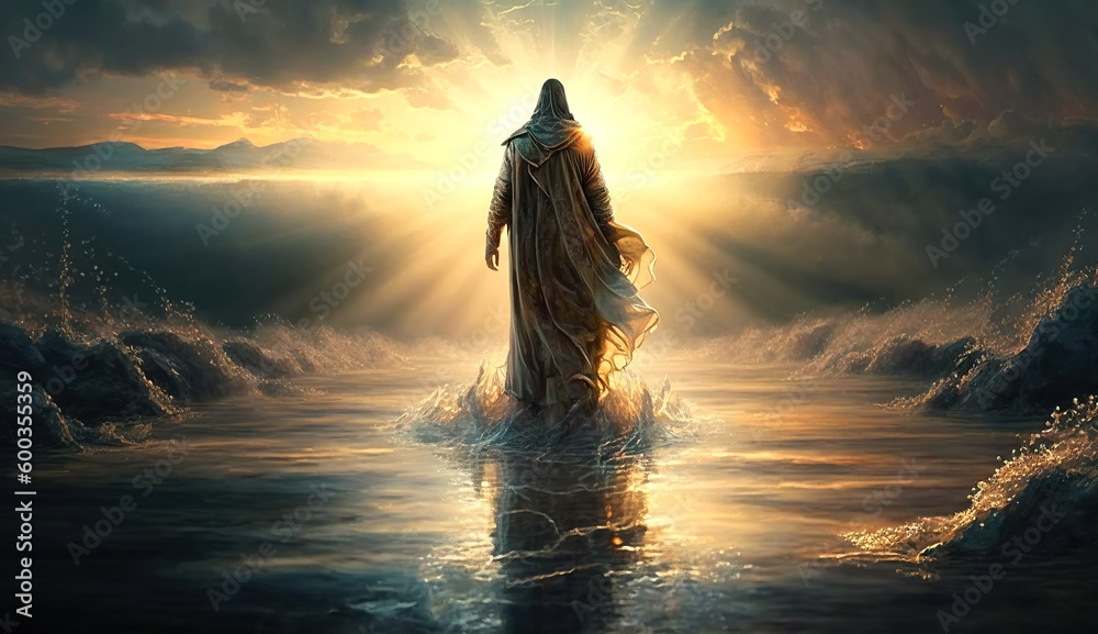 Christian God Jesus Christ walks on water on sea. Biblical religious ...