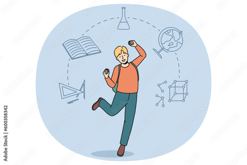 Vetor de Happy boy child feel excited about being back to school ...