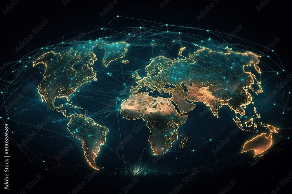 World map and global social networks, generative AI. Stock Illustration ...