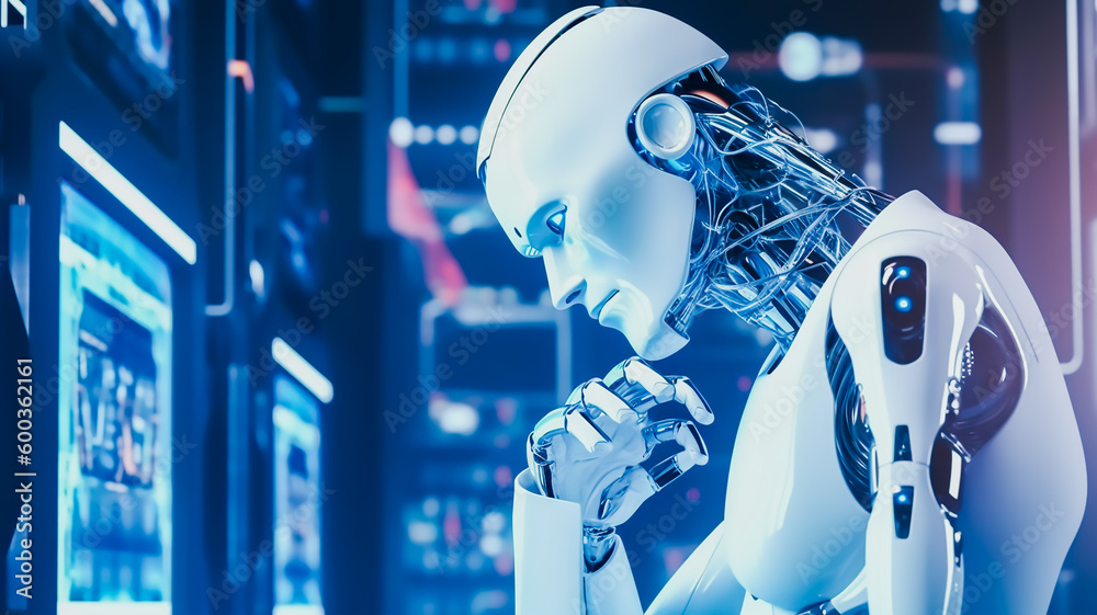 Artificial intelligence, White AI robot thinking and looking big screen ...