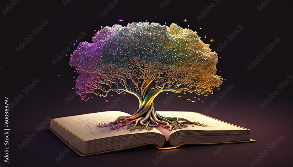 Beautiful ethereal golden tree of life growing out of the fantasy book ...