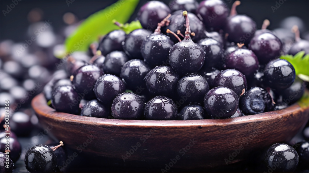 Foto de Close up of acai berries in a wooden bowl do Stock | Adobe Stock