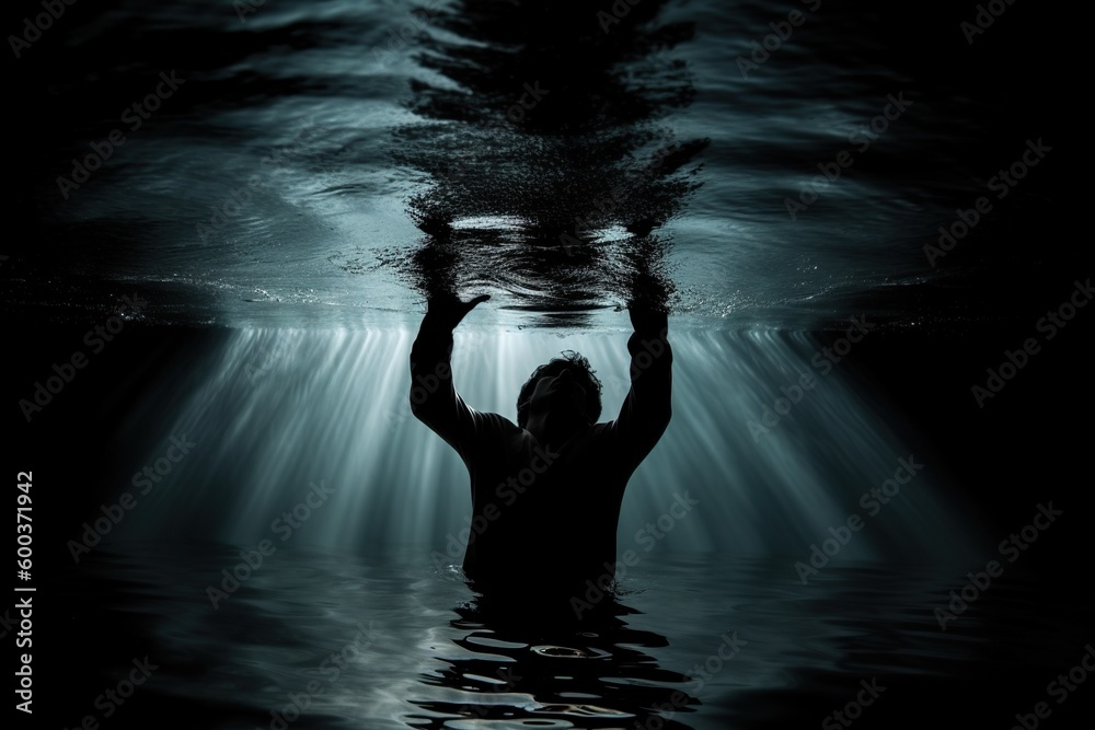 A drowning person reaching above the surface set inside water, created with Generative AI ...