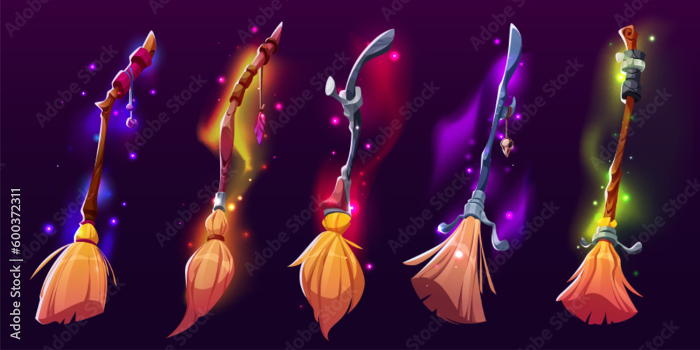 Set of vector magic witch broom clipart for fantasy game cartoon ...