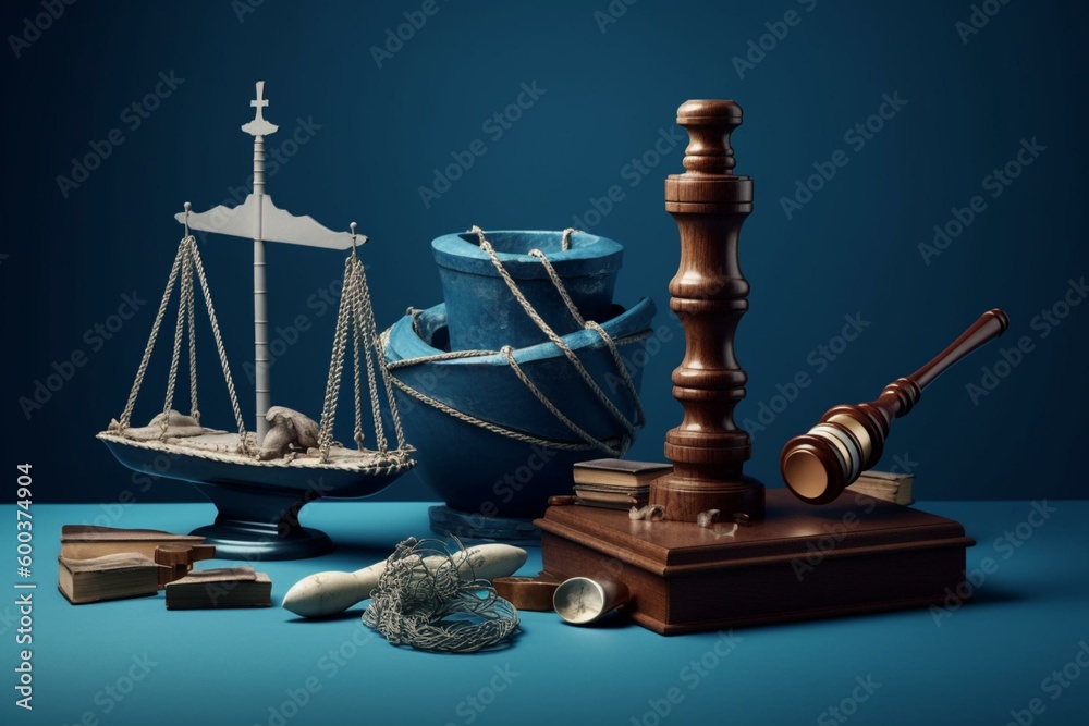 3D image of maritime law: blue background, boat and judge gavel ...