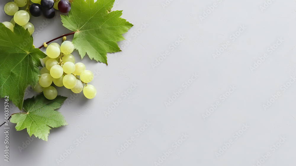 Fresh grapes with green leaves on a flat background. Flat lay and top ...