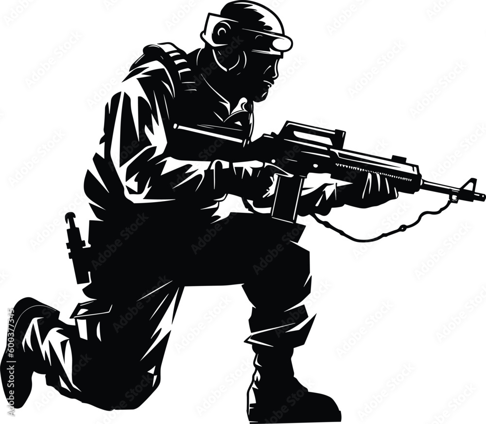 Military soldier aiming weapon. Shooter with gun. Assault rifle ...